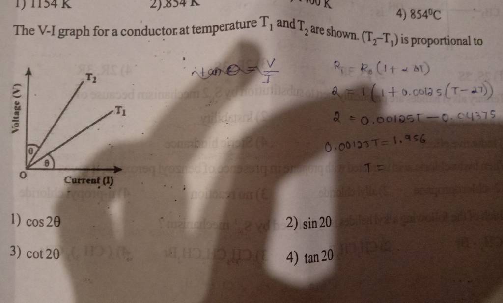 The V-I graph for a conductor at temperature T1 and T2 are shown. (T2 −..