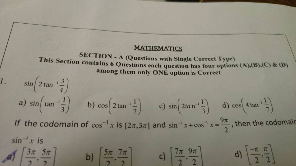 MATHEMATICS SECTION - A (Questions with Single Correct Type) This Section..