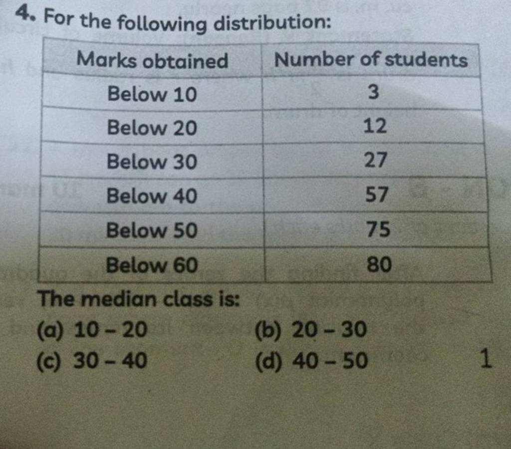 4. For the following distribution: Marks obtainedNumber of studentsBelow