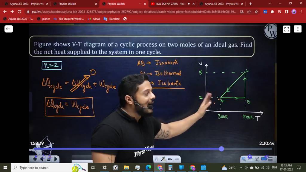 Figure shows V-T diagram of a cyclic process on two moles of an ideal gas..