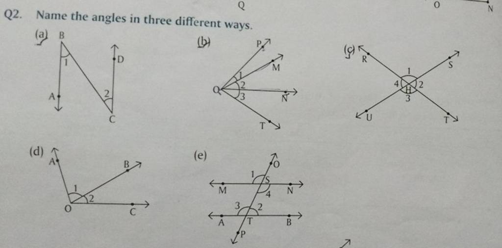 Q2. Name the angles in three different ways. (b) (d) (e) | Filo