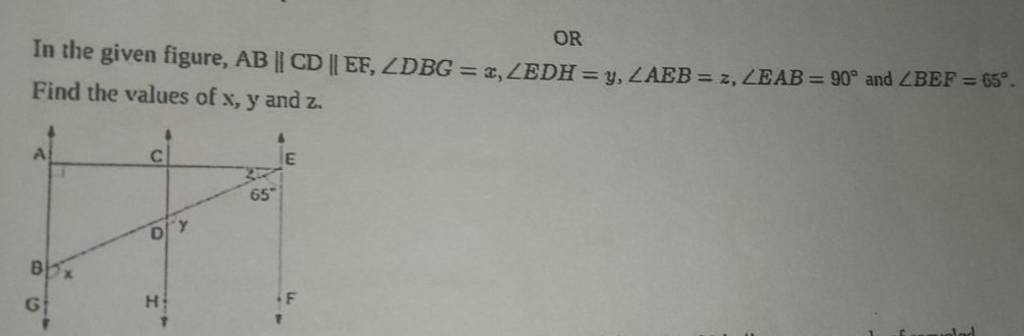 In The Given Figure Ab∥cd∥ef ∠dbg X ∠edh Y ∠aeb Z ∠eab 90∘ And ∠bef 65∘
