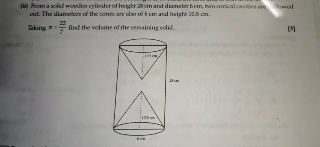 (ii) From a solid wooden cylinder of height 28 cm and diameter 6 cm, two