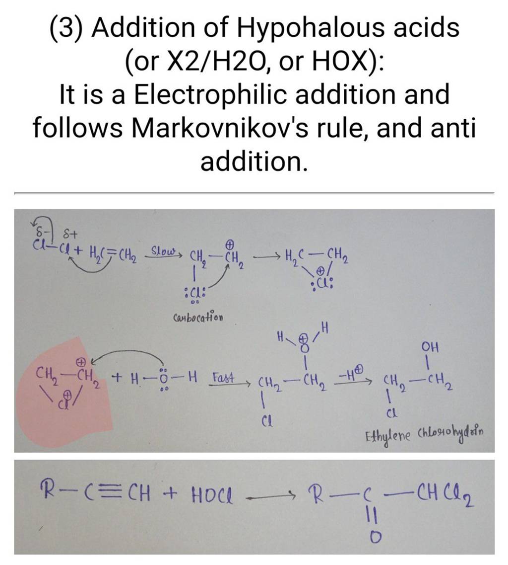 (3) Addition of Hypohalous acids (or X2/H2O, or HOX ):It is a Electrophil..