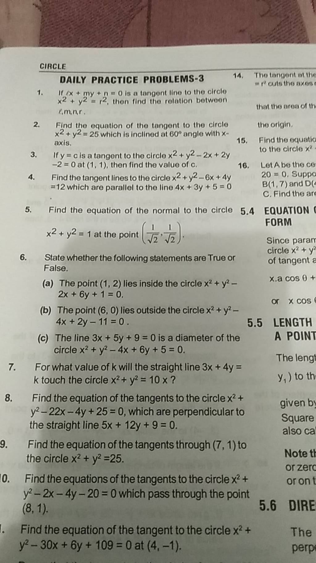 CIRCLE DAILY PRACTICE PROBLEMS-3 1. If cx+my+n=0 is a tangent line to the..