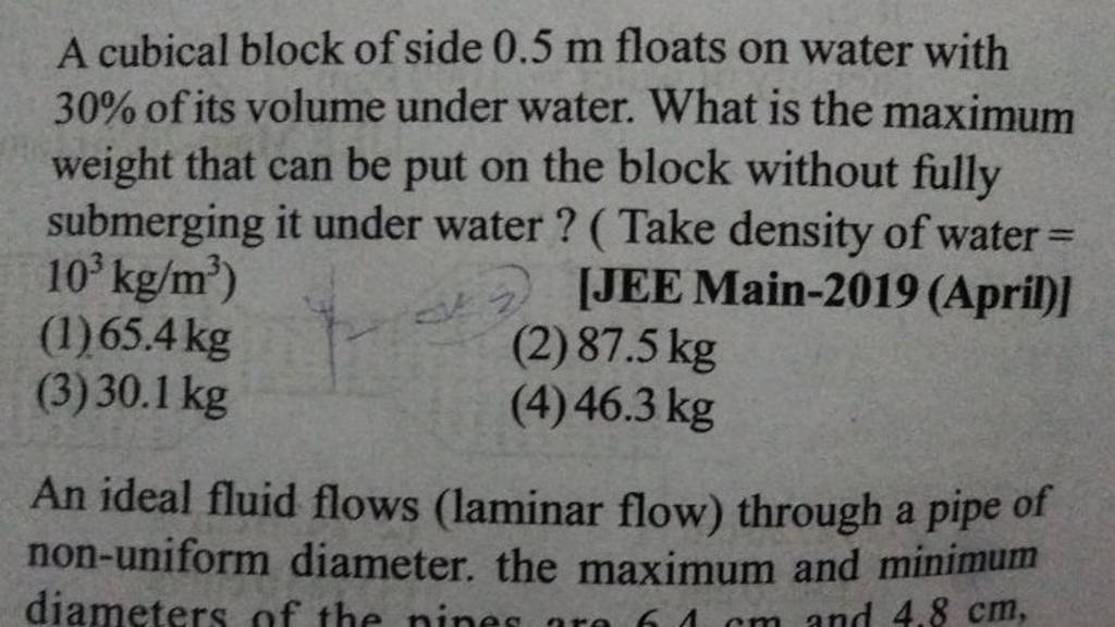 A cubical block of side 0.5 m floats on water with 30% of its volume unde..