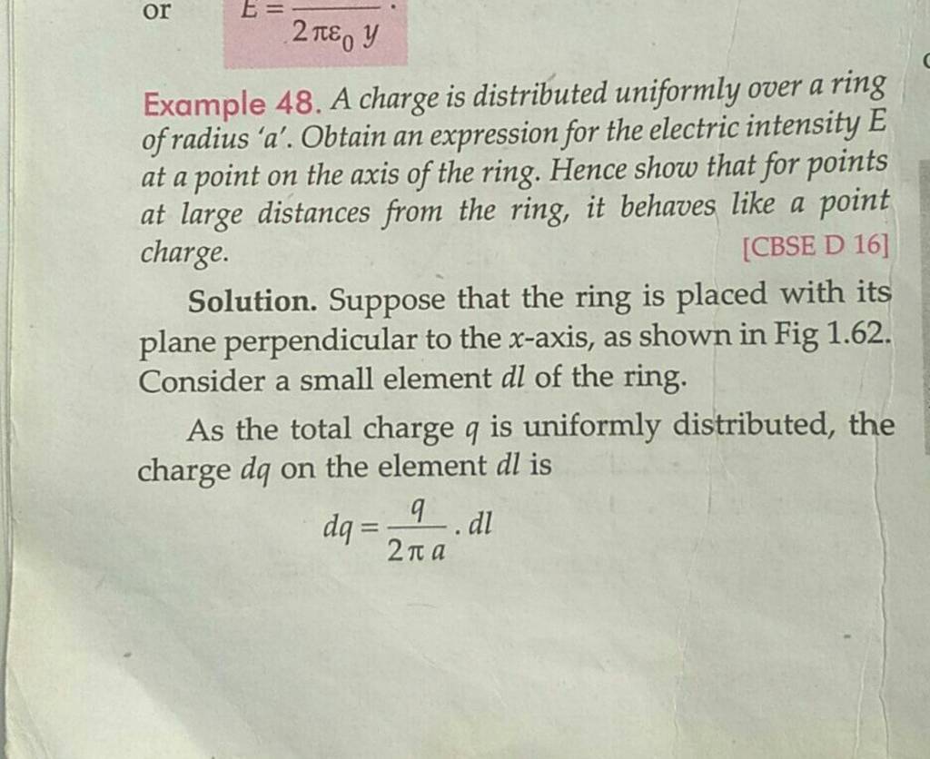 Example 48. A charge is distributed uniformly over a ring of radius ' a Example 48. A charge is distributed uniformly over a ring of radius ' a