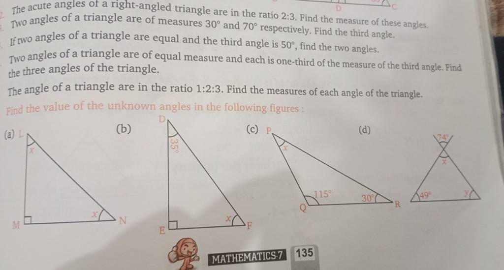 The acute angles of a right-angled triangle are in the ratio 2:3. Find th..