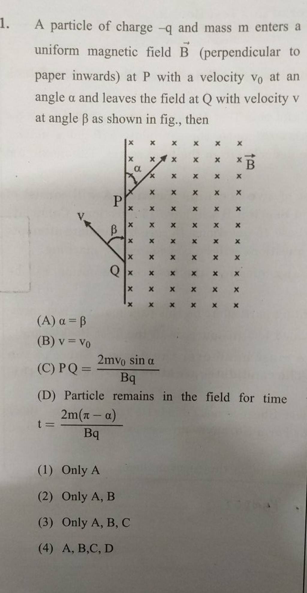 A particle of charge −q and mass m enters a uniform magnetic field B (per..