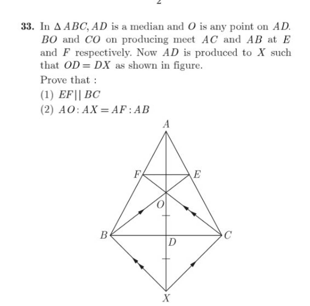 33. In ABC,AD is a median and O is any point on AD. BO and CO on produci..