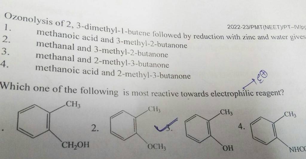 Ozonolysis of 2, 3-dimethyl-1-butene followed by reduction with zinc and