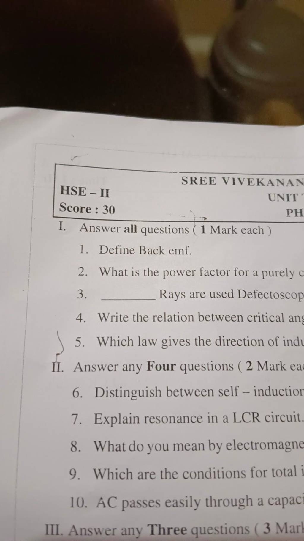 HSE - II Score : 30 I. Answer all questions (1 Mark each ) | Filo