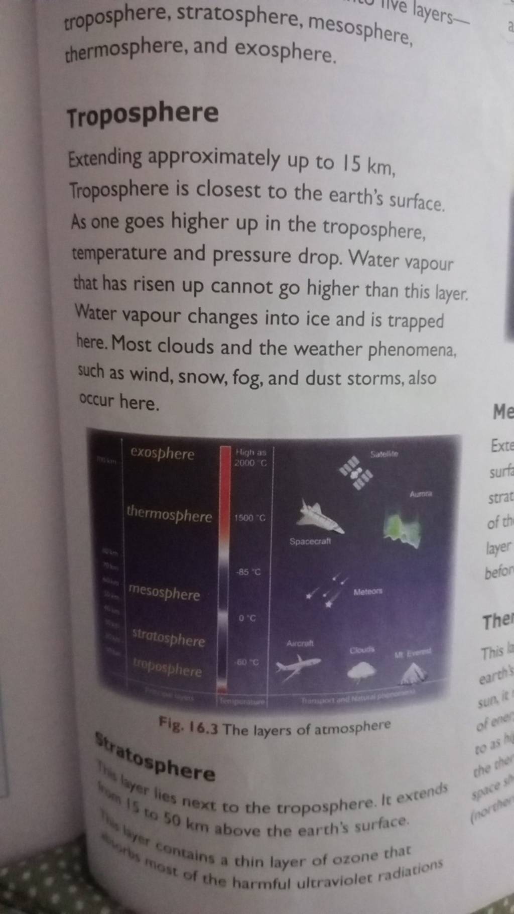 troposphere, stratosphere, mesosphere, thermosphere, and exosphere. | Filo