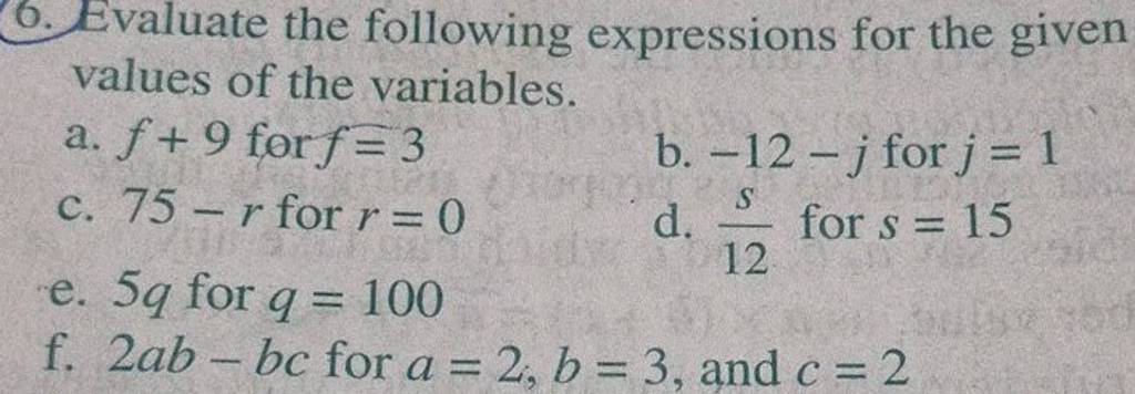 6 Evaluate The Following Expressions For The Given Values Of The Variabl 3734