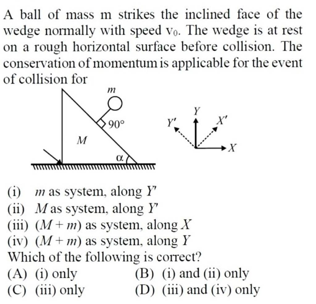 A ball of mass m strikes the inclined face of the wedge normally with spe..