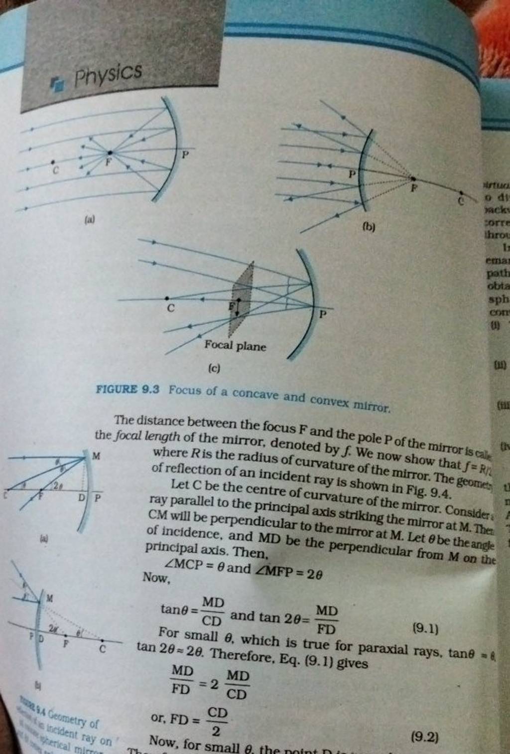 F. physics (a) FIGURE 9.3 Focus of a concave and convex mirror. The dista..