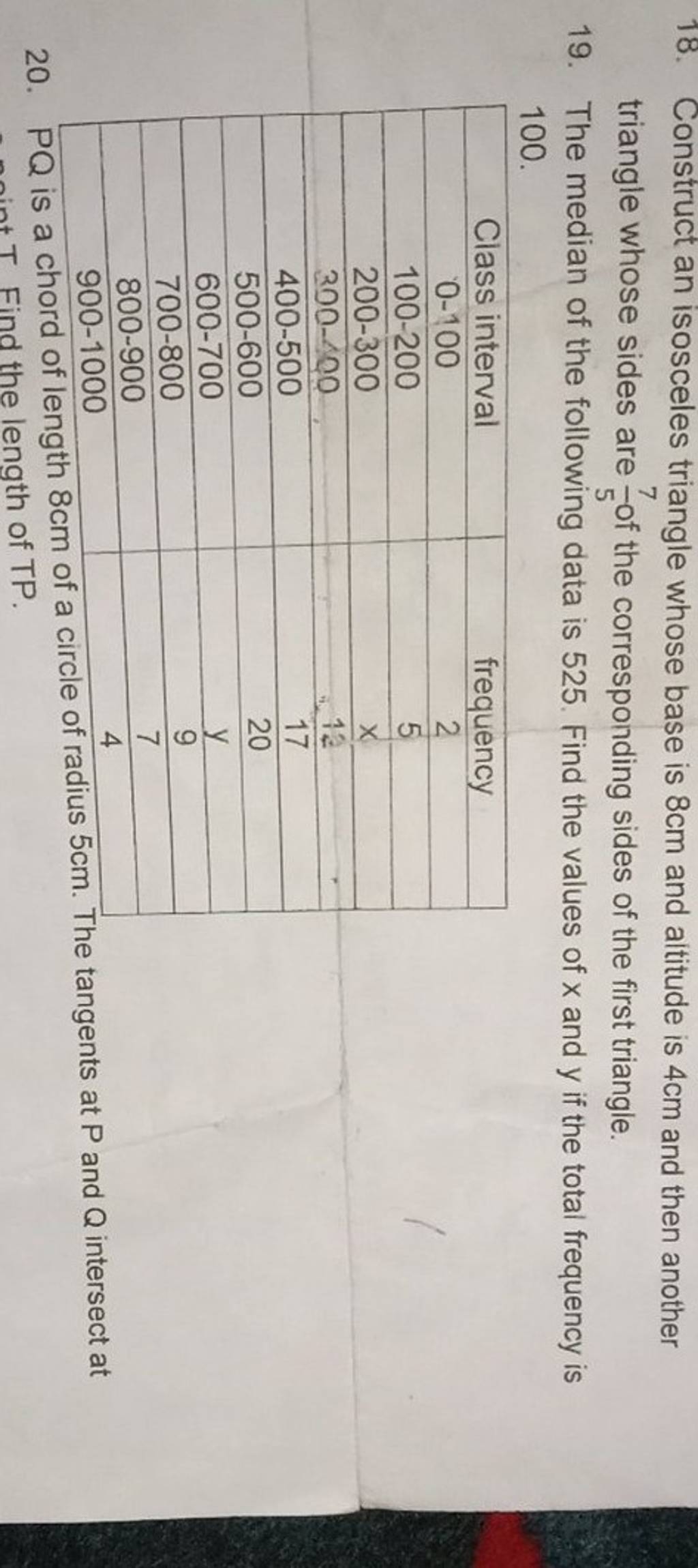 18. Construct an isosceles triangle whose base is 8 cm and altitude is 4 18. Construct an isosceles triangle whose base is 8 cm and altitude is 4