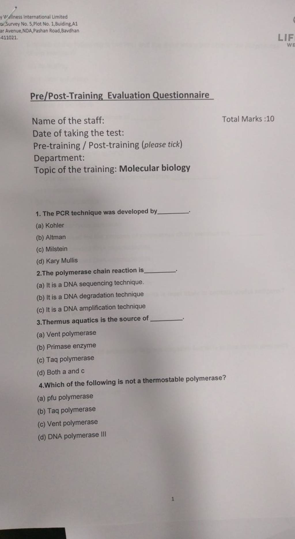Pre Post Training Evaluation Questionnaire Name Of The Staff Total Marks 