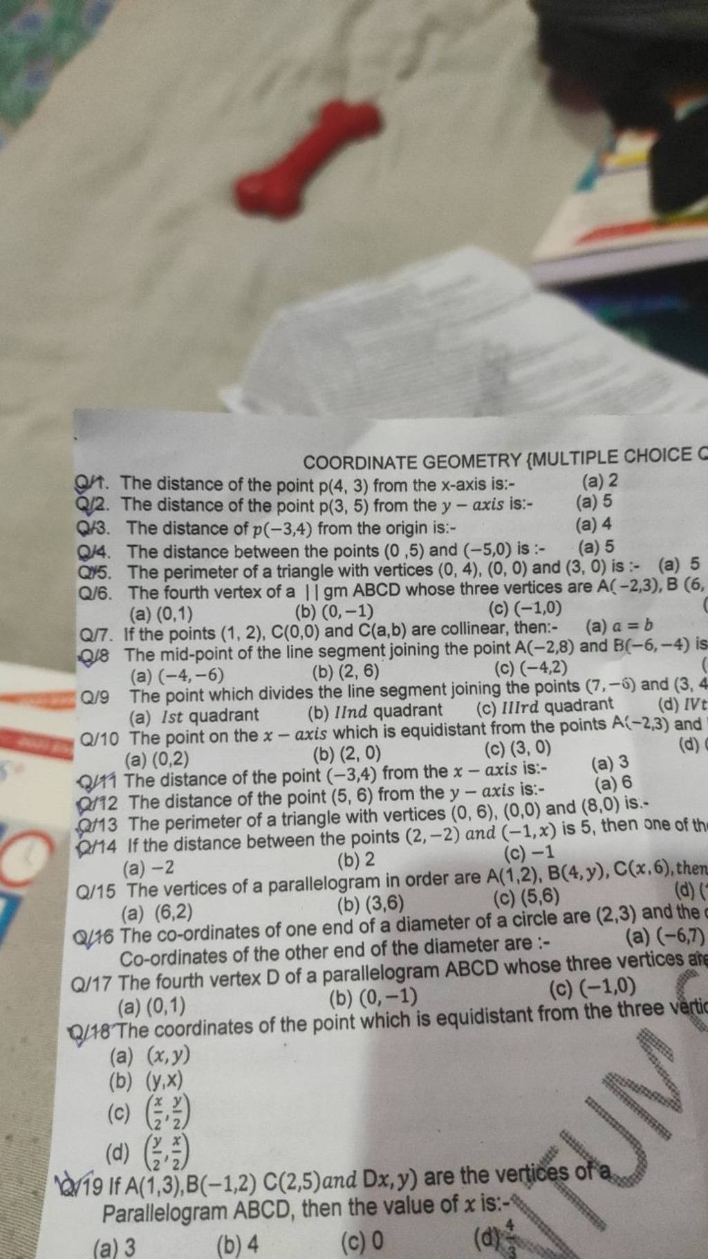 COORDINATE GEOMETRY \{MULTIPLE CHOICE Q14. The distance of the point p(4,..