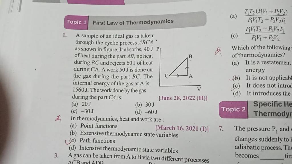 Topic 1 First Law of Thermodynamics (a) P1 V1 T2 +P2 V2 T1 T1 T2 (P1 V1
