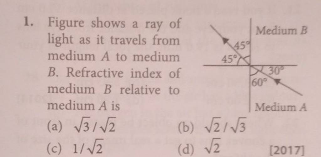 1. Figure shows a ray of light as it travels from medium A to medium B. R.. 1. Figure shows a ray of light as it travels from medium A to medium B. R..