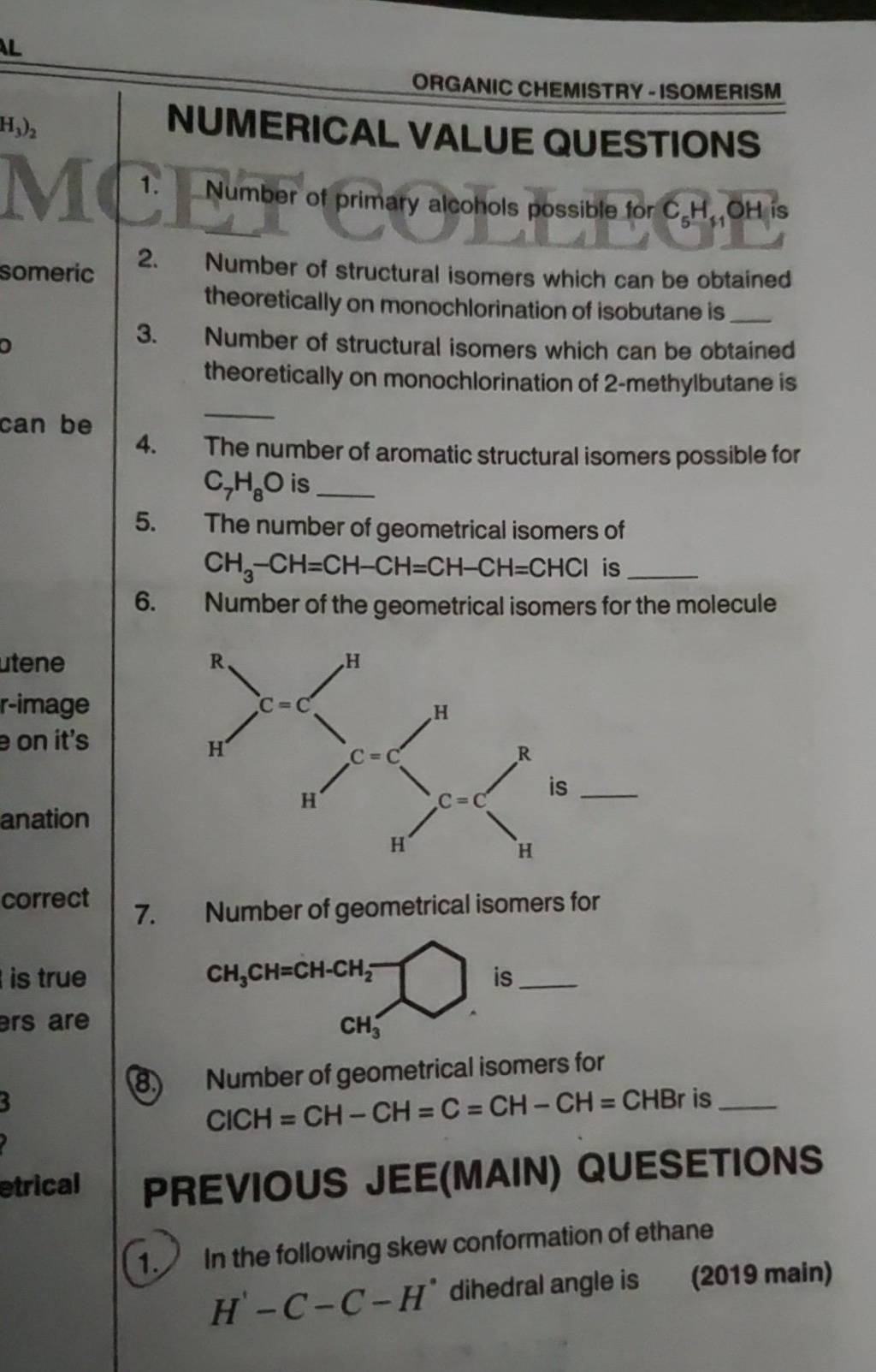 ORGANIC CHEMISTRY - ISOMERISM NUMERICAL VALUE QUESTIONS | Filo