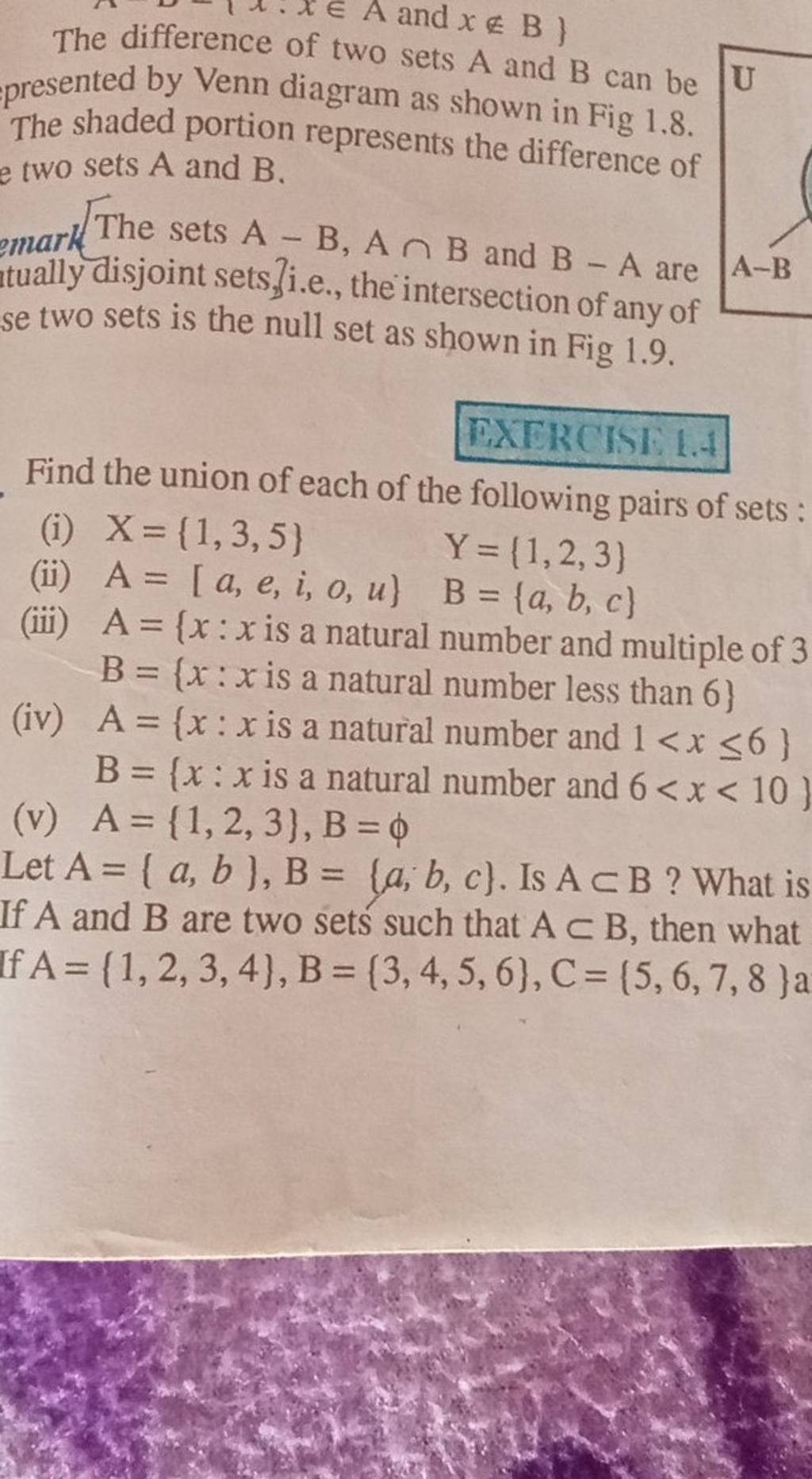 The difference of two sets A and B can be presented by Venn diagram as sh..