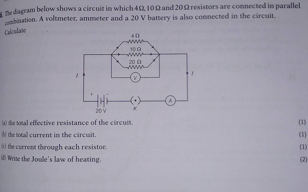 The diagram below shows a circuit in which 4Ω,10Ω and 20Ω resistors are c..