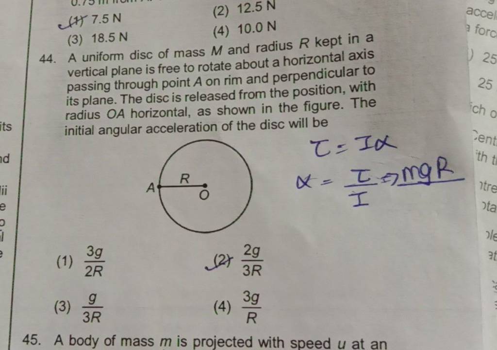 A uniform disc of mass M and radius R kept in a vertical plane is free to..