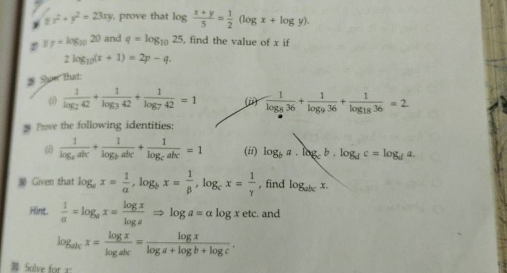 y=x2+y2=23xy, prove that log5x+y =21 (logx+logy). z1 r=log10 20 and q=log..