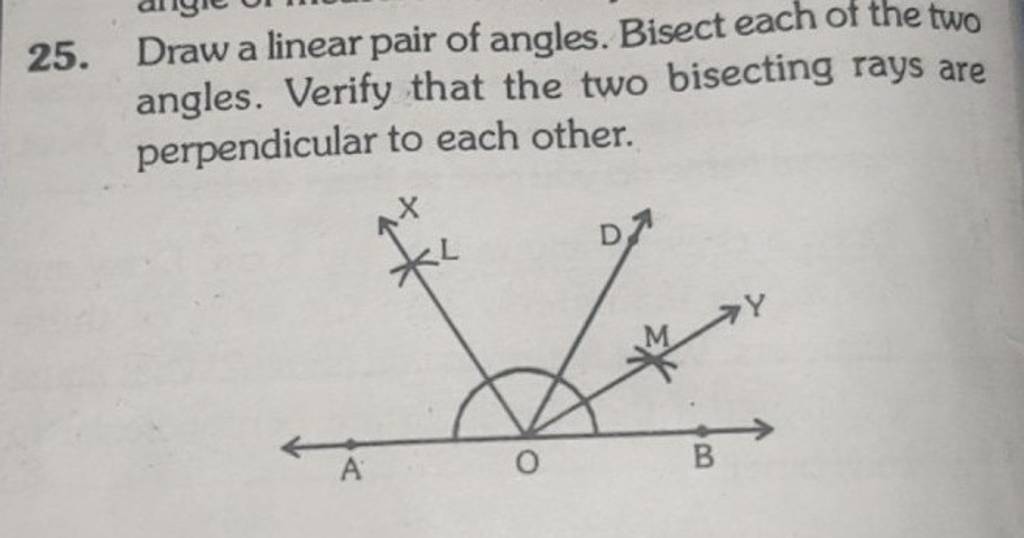 25. Draw a linear pair of angles. Bisect each of the two angles. Verify t..