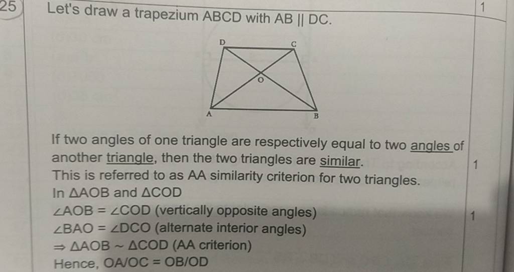 25 Let's draw a trapezium ABCD with AB∥DC. If two angles of one triangle