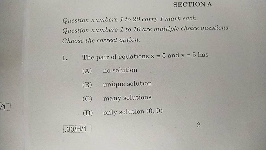 SECTION A Question numbers 1 to 20 carry 1 mark each. Question numbers 1