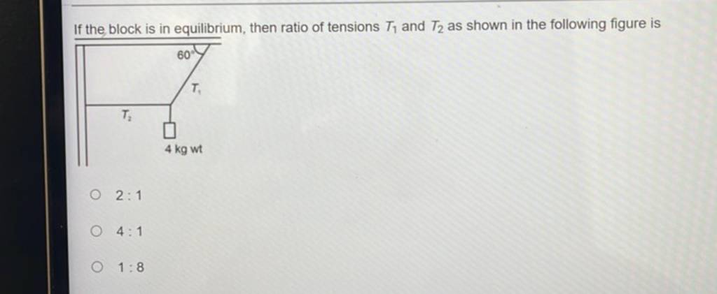 If the block is in equilibrium, then ratio of tensions T1 and T2 as sho..