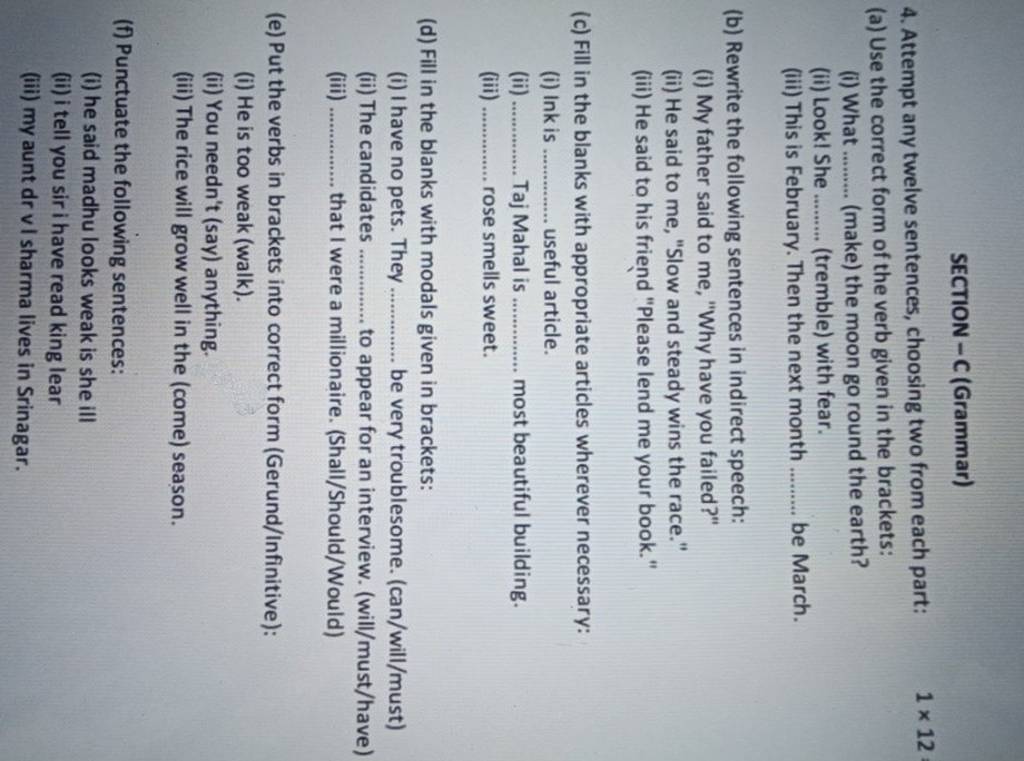 SECTION - C (Grammar) 4. Attempt any twelve sentences, choosing two from