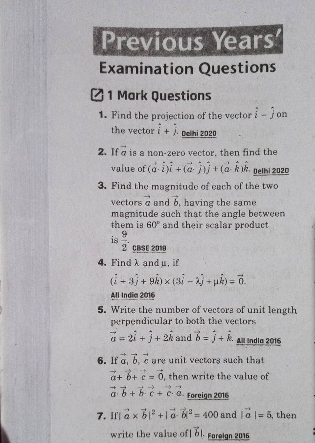 Previous Years' Examination Questions 1 Mark Questions | Filo Previous Years' Examination Questions 1 Mark Questions | Filo