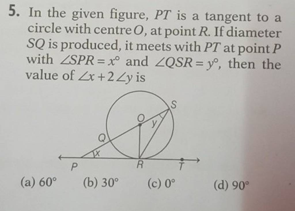 5. In the given figure, PT is a tangent to a circle with centre O, at poi..