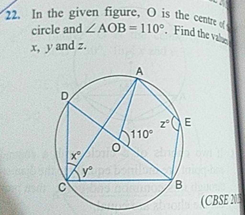 22. In the given figure, O is the centre of circle and ∠AOB=110∘. Find th..