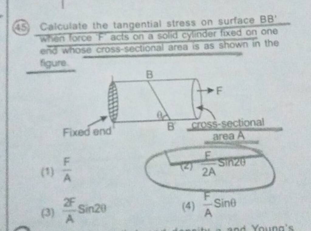 (45) Calculate the tangential stress on surface BB' Whentorce F acts on a..