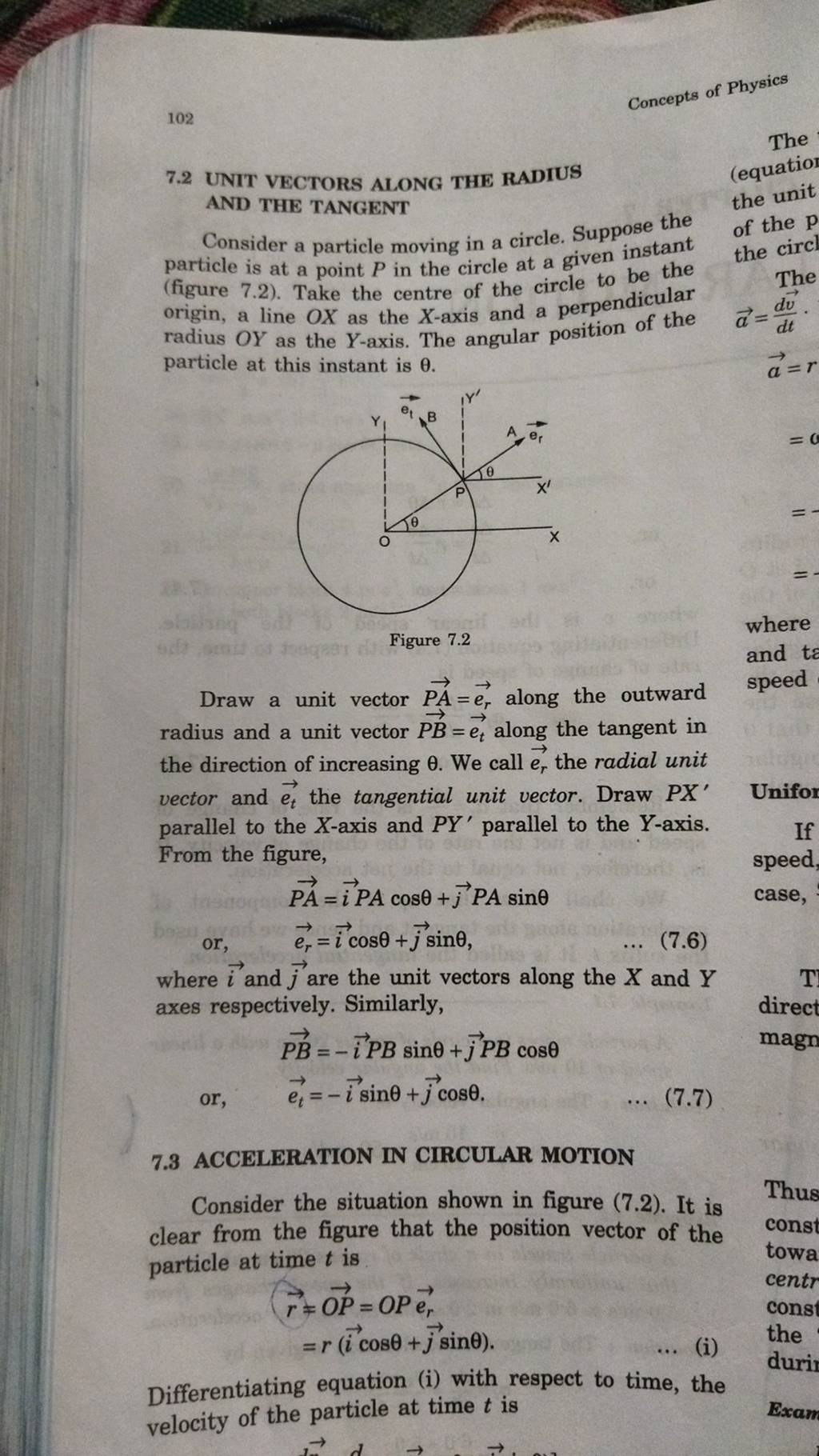 102 Concepts of Physics 7.2 UNIT VECTORS ALONG THE RADIUS AND THE TANGENT..