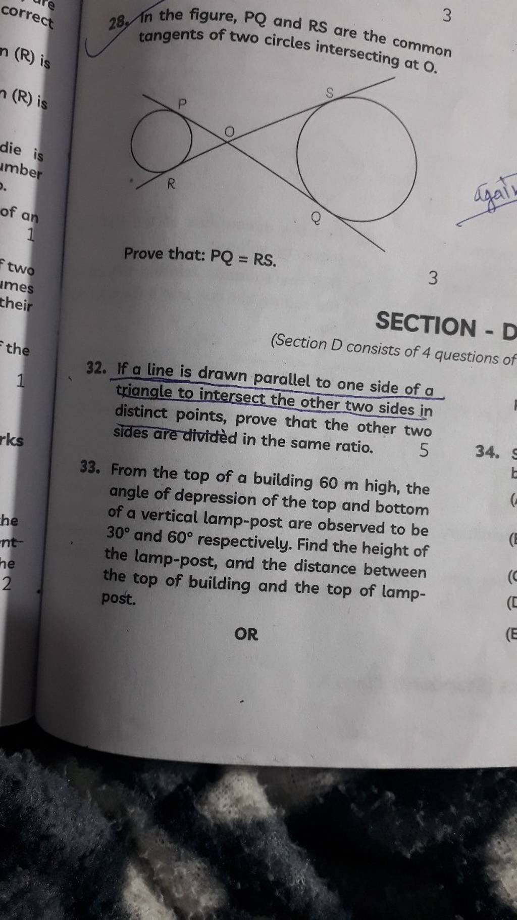 3 28. In the figure, PQ and RS are the common tangents of two circles int..