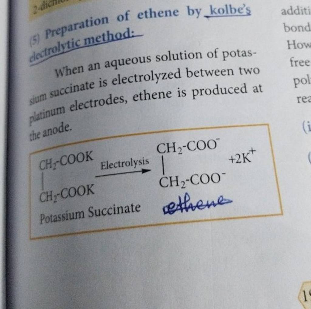 (5) preparation of ethene by kolbe's additi dectrolvtic method: When an a..
