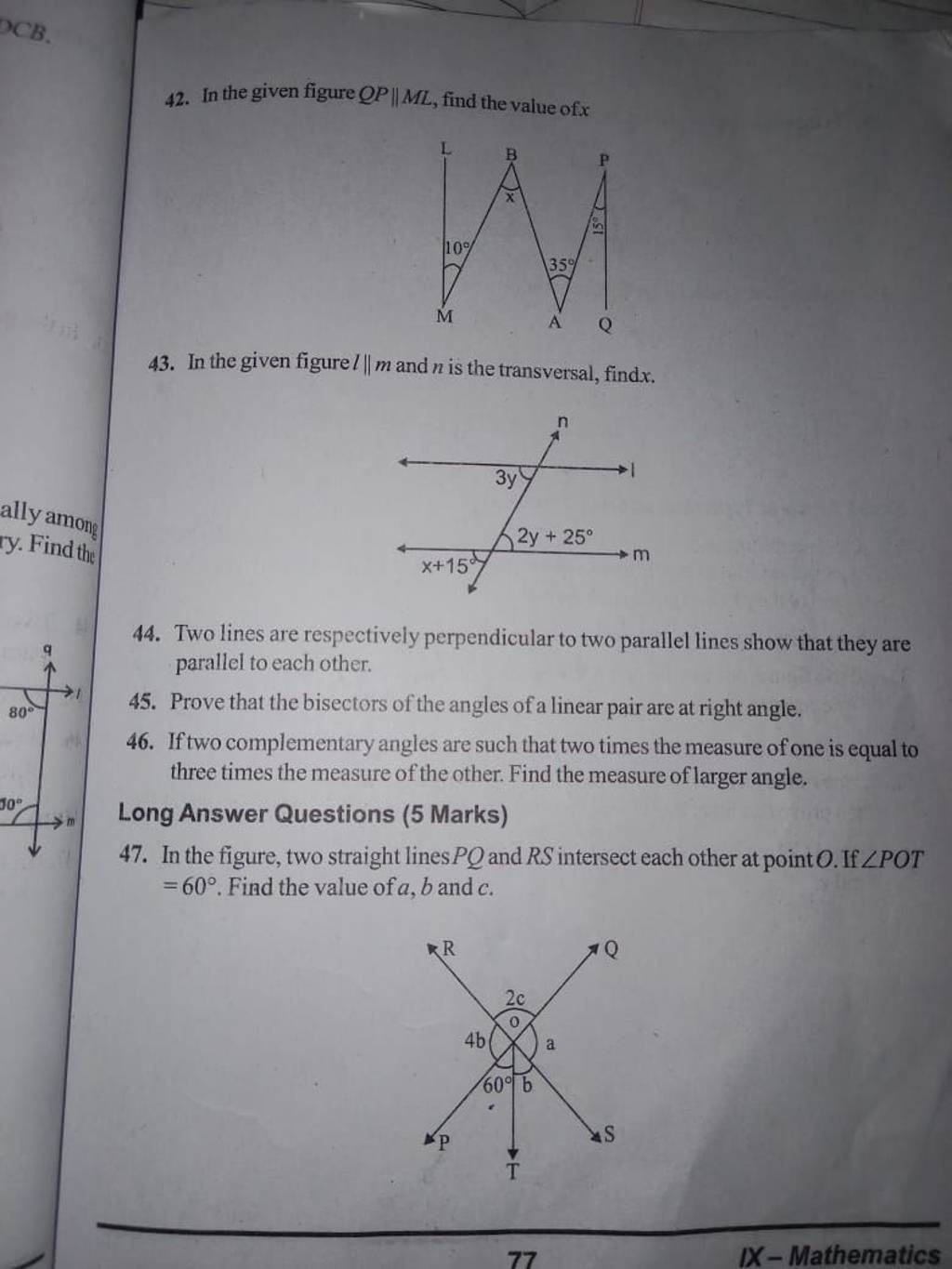 42. In the given figure QP∥ML, find the value of x 43. In the given figur..