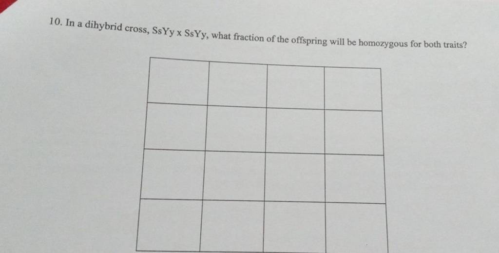 10. In a dihybrid cross, SsYy x SsYy, what fraction of the offspring will..