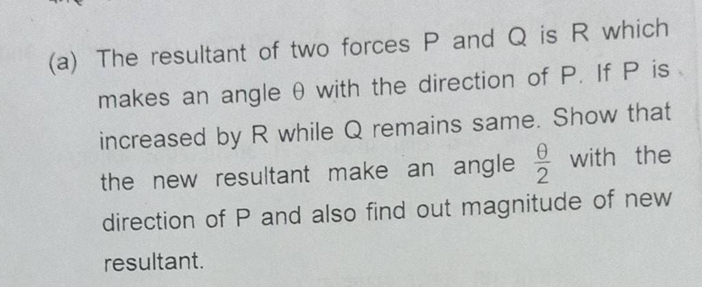 (a) The resultant of two forces P and Q is R which makes an angle θ with