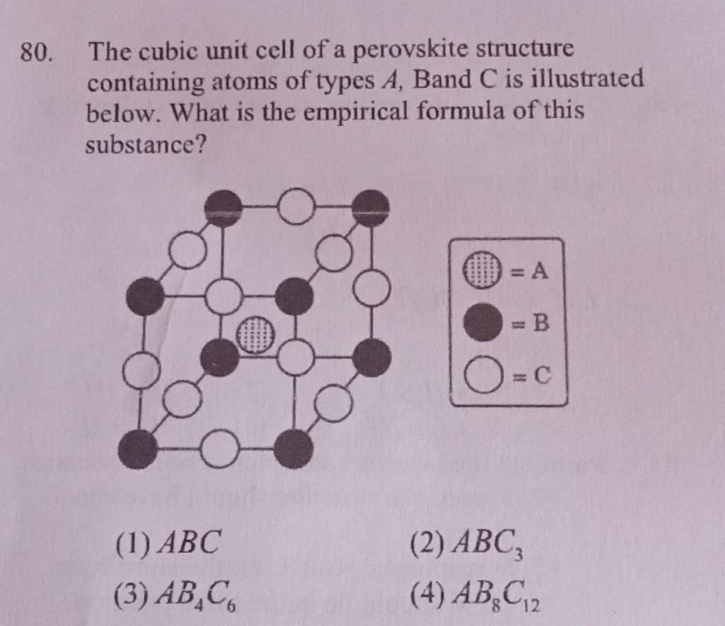 The cubic unit cell of a perovskite structure containing atoms of types A..