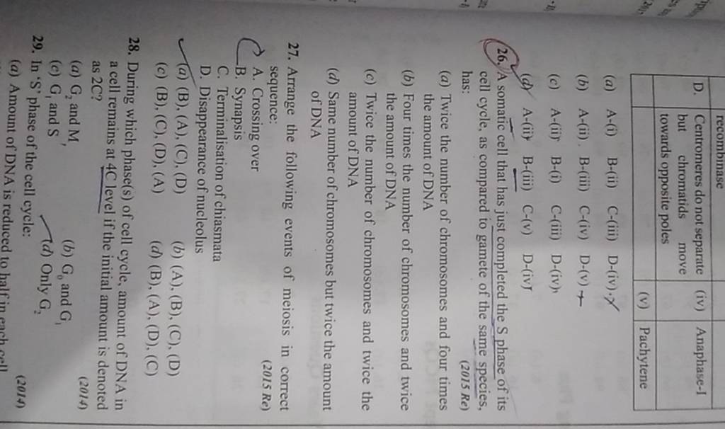 Arrange the following events of meiosis in correct sequence: A. Crossing Arrange the following events of meiosis in correct sequence: A. Crossing
