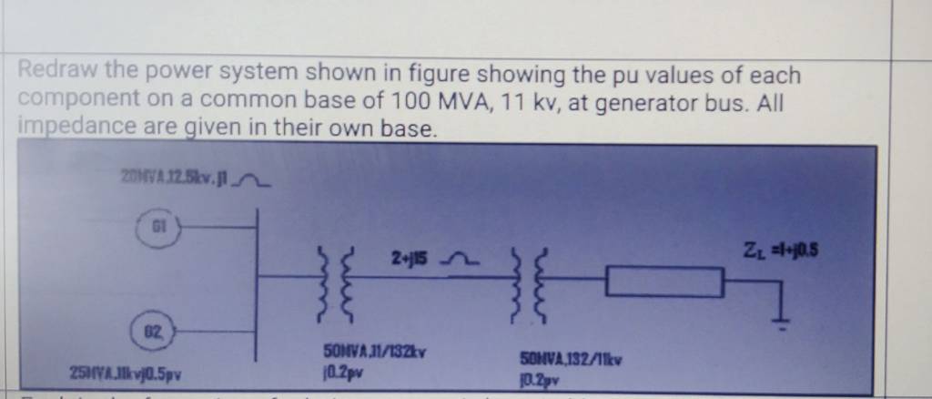 Redraw the power system shown in figure showing the pu values of each com..
