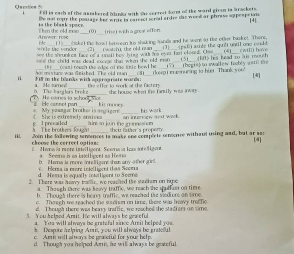 Question 5: i. Fill in each of the numbered blanks with the correct form