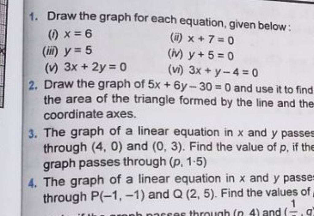 1. Draw the graph for each equation, given below: (i) x=6 (ii) x+7=0 (iii..